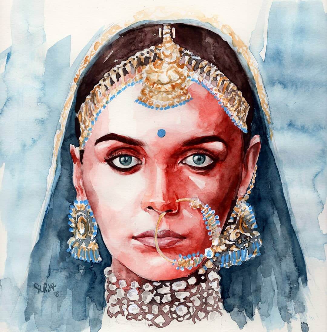 Indian Bride Watercolour Portrait by Surya Shetty Indian Bride Watercolour Portrait by Surya Shetty